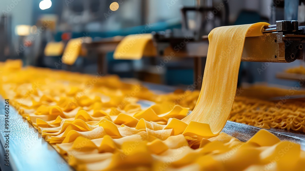 Fresh pasta sheets being processed on an automated conveyor system in a ...