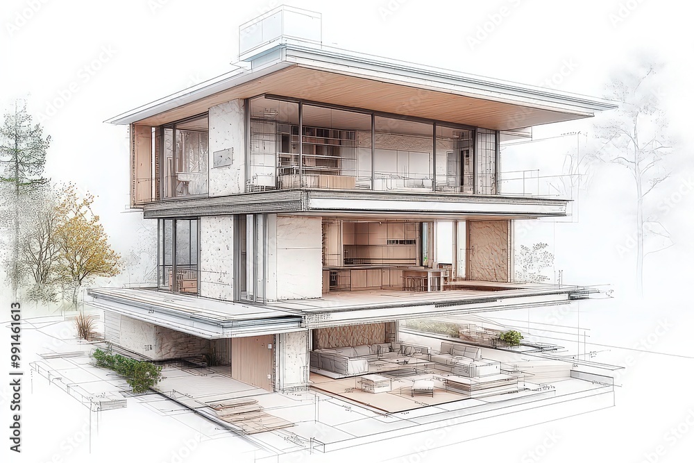 Detailed architectural sketch of a modern house, showcasing an open ...