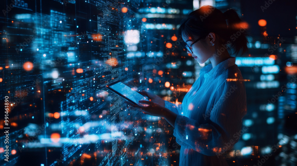 A programmer works on a tablet, surrounded by a futuristic smart city ...
