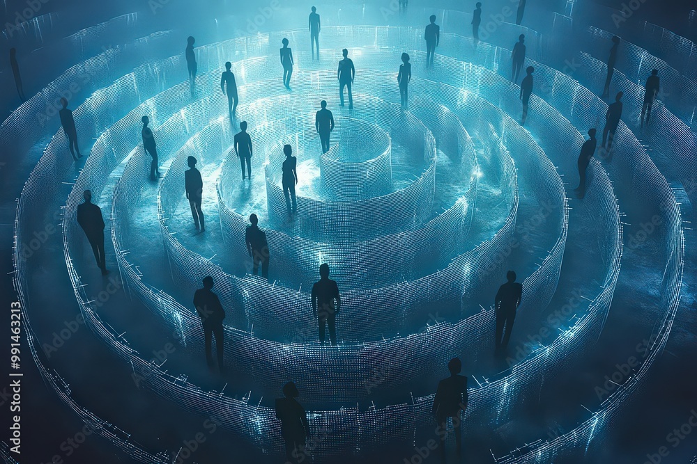 Icons of human figures stand at various points along a maze-like ...