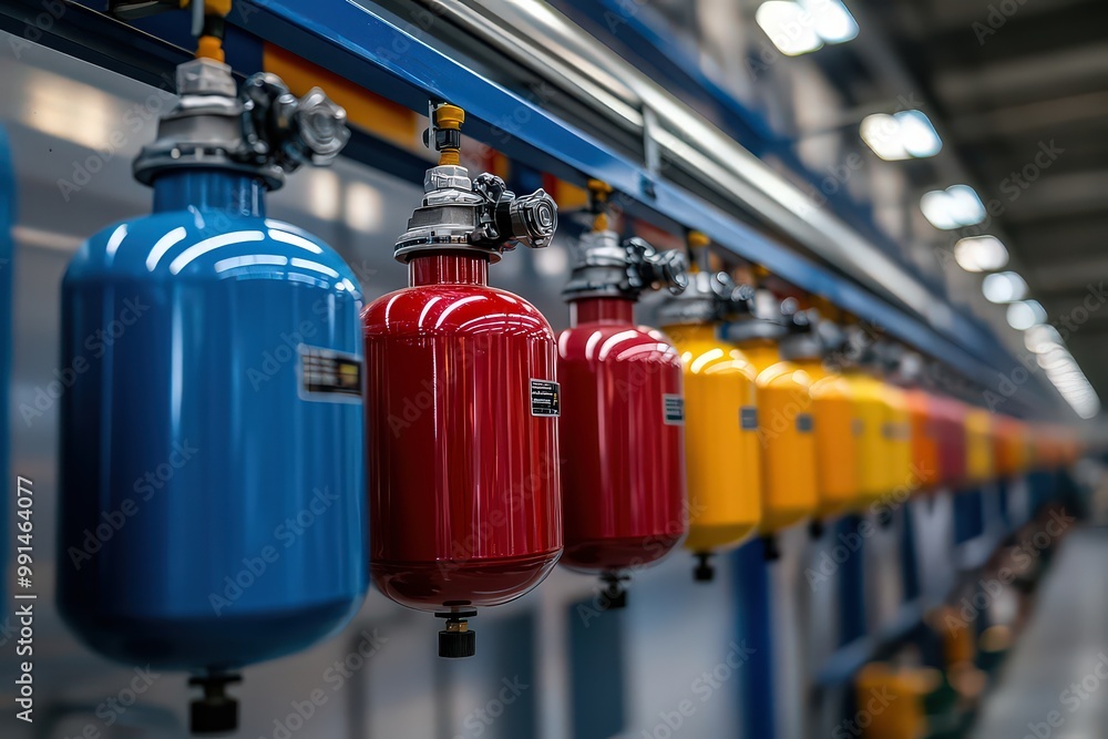 Colorful pressure tanks lined up in an industrial facility, used for ...