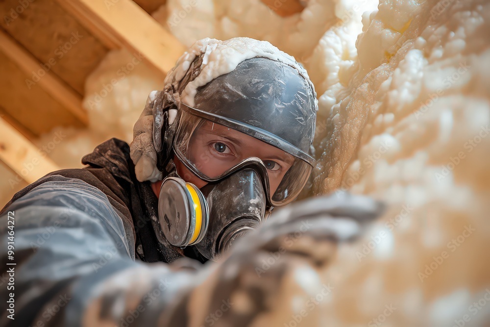 worker wearing a respirator mask carefully applies closed-cell spray ...
