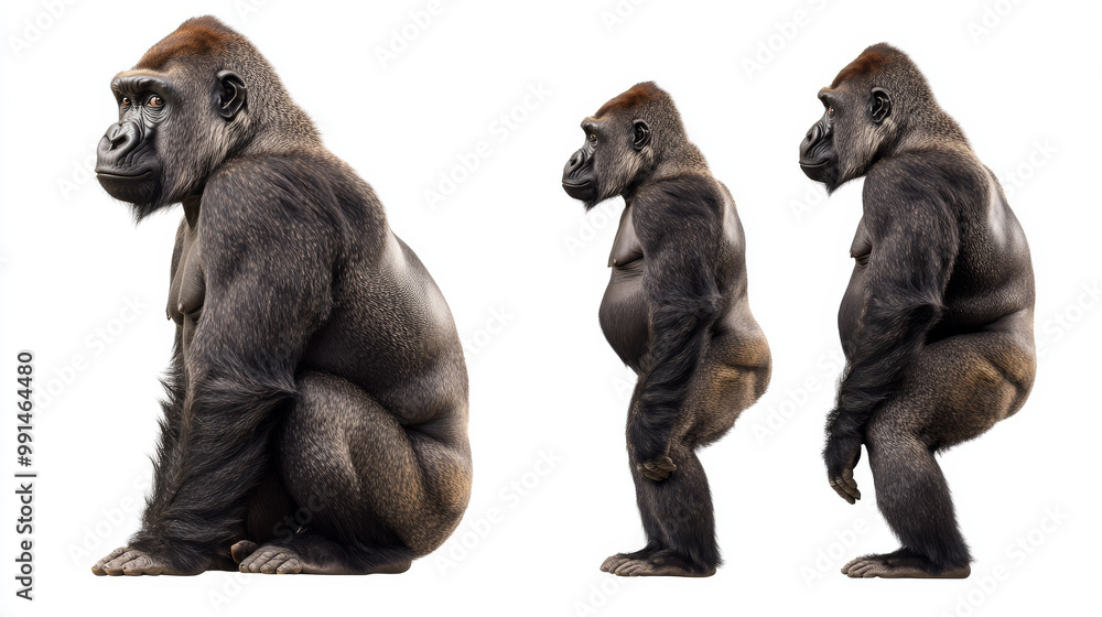 A gorilla is shown from different angles, including profile, back, and ...