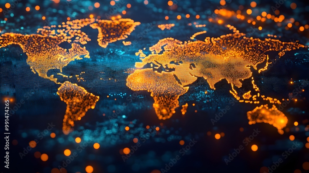 Glowing Digital World Map with Connections Stock Illustration | Adobe Stock