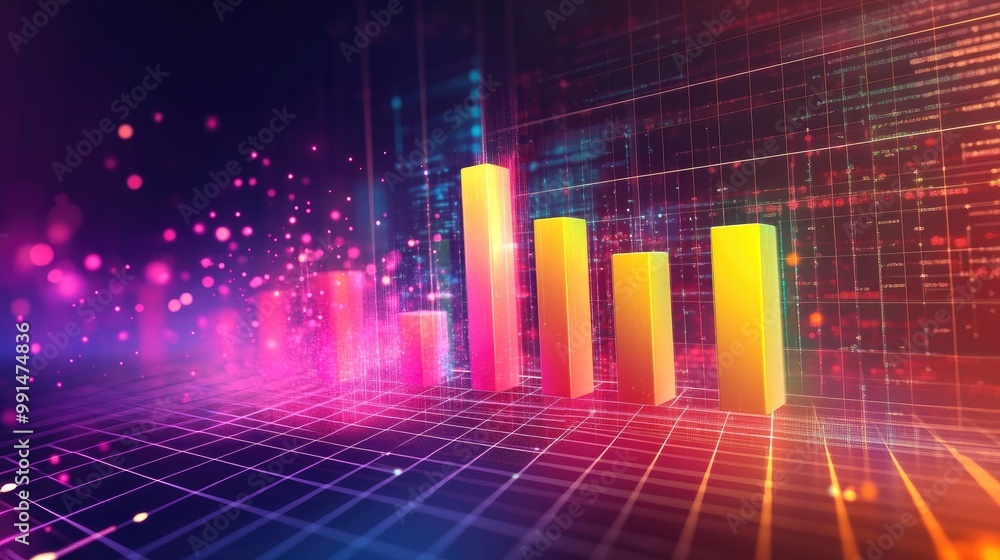 A 3D bar chart with gradient-colored bars growing from left to right ...