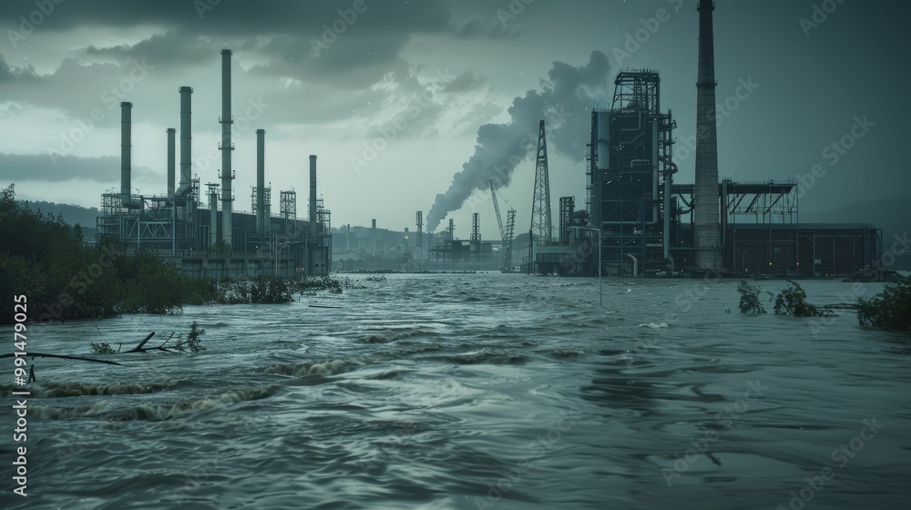 Industrial Flood: A haunting, dystopian scene depicting a flooded ...
