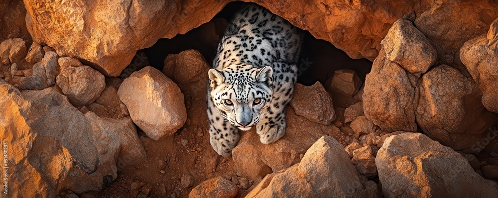 Overhead capture of a snow leopard navigating rocky terrains, rare ...