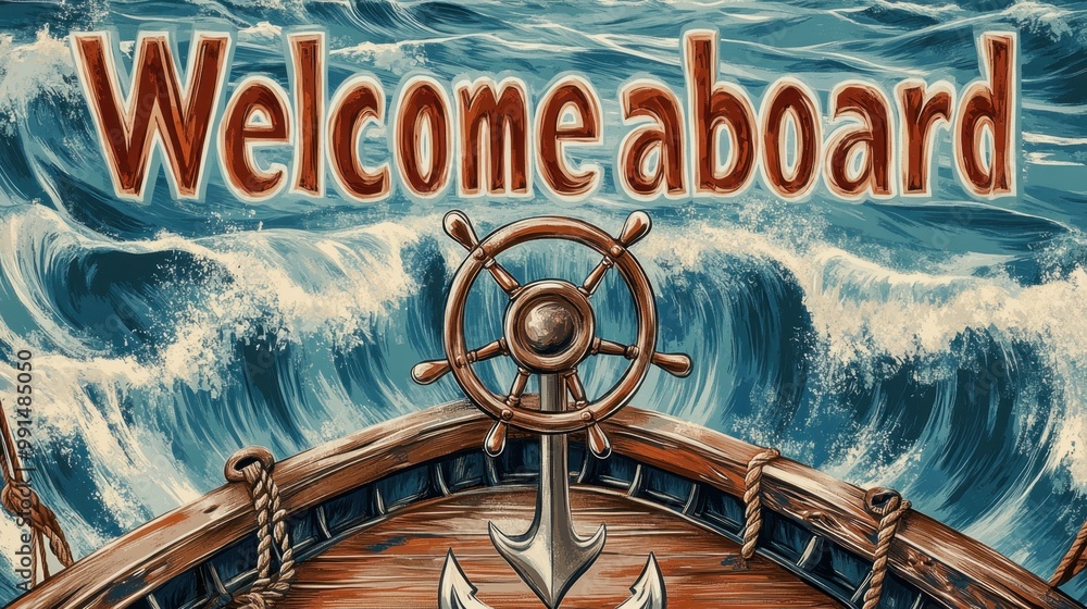 Welcome aboard written in bold nautical font, with a ship wheel and ...