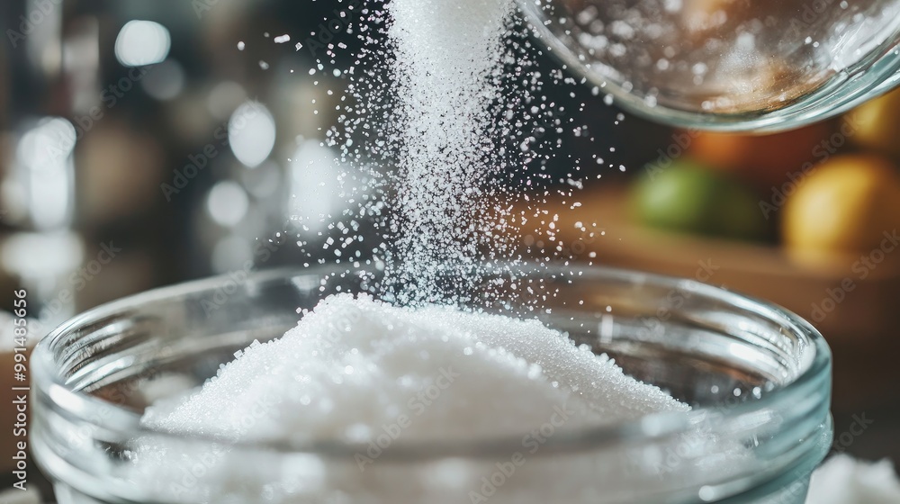 A close-up of granulated sugar pouring from a glass jar into a mixing ...