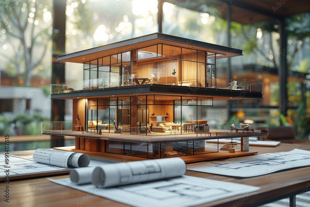 Modern architectural model in an open office setting with detailed ...