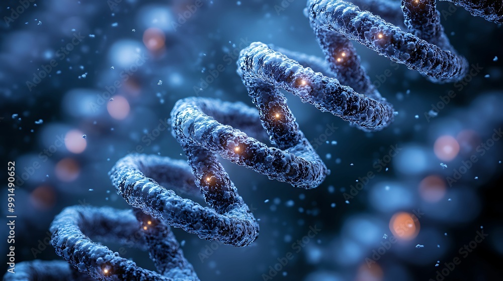 A highly detailed, close-up image of a DNA helix structure, illuminated ...