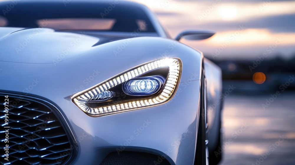 The headlights of a white car turned on, with illuminated grill lights ...