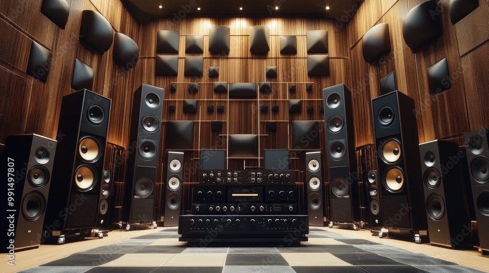 A dynamic image of a high-end sound system with multiple speakers and ...