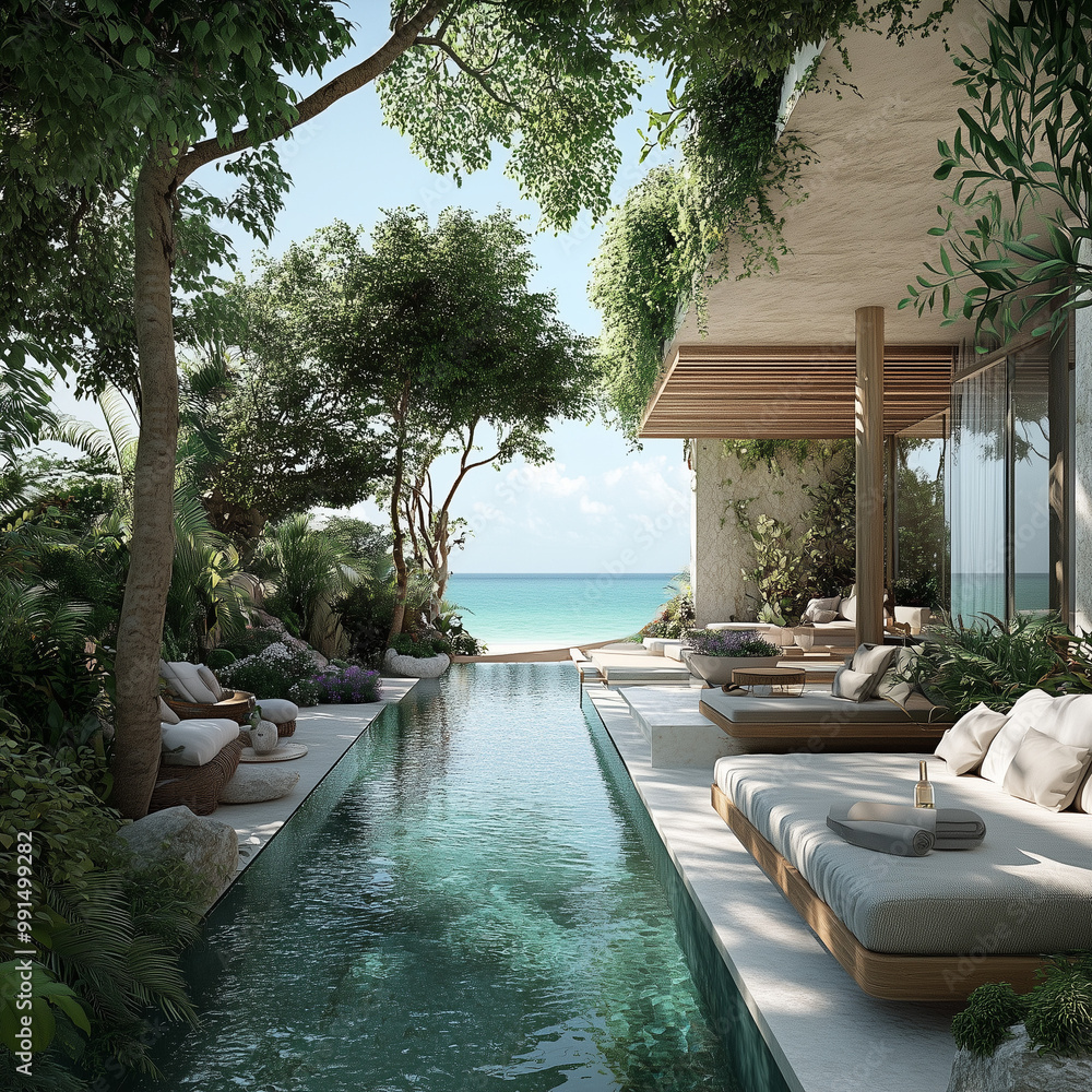 This image captures a luxurious, tranquil infinity pool at a high-end ...