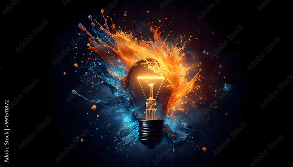 The moment an idea comes to life captured as a light bulb dispersing a ...