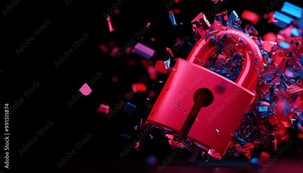 An abstract visualization of a fractured lock in cyberspace ...