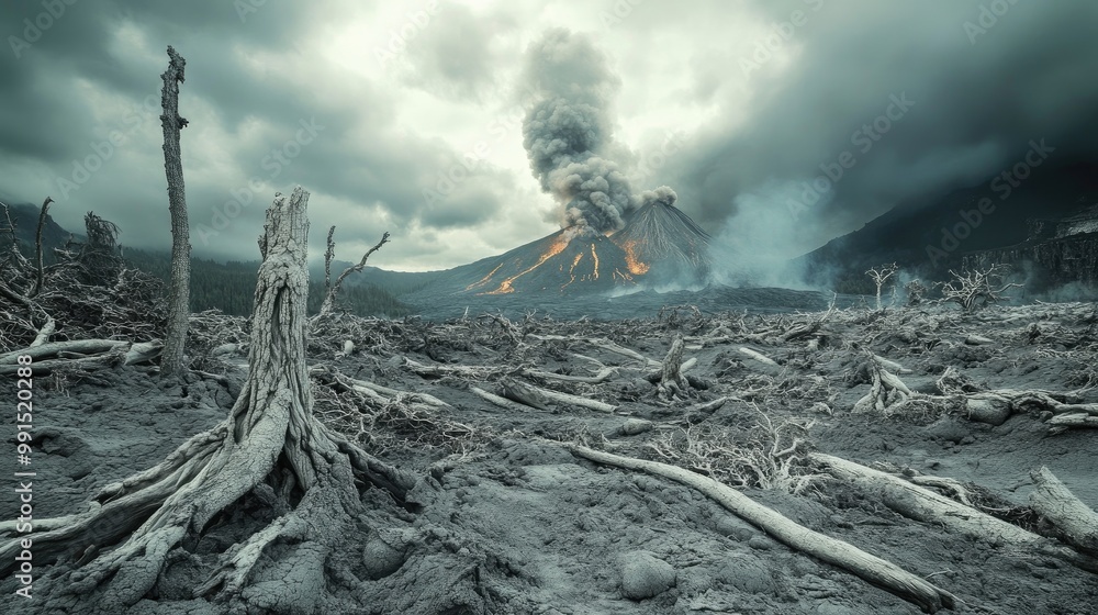 A photograph capturing the aftermath of a volcanic eruption, with ash ...