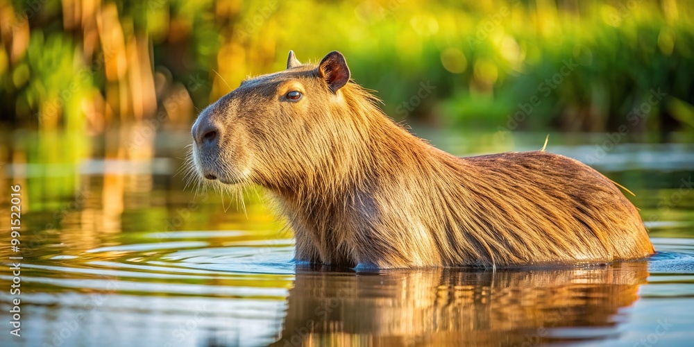Capybara emerging from the water in a wide-angle shot, river, South ...