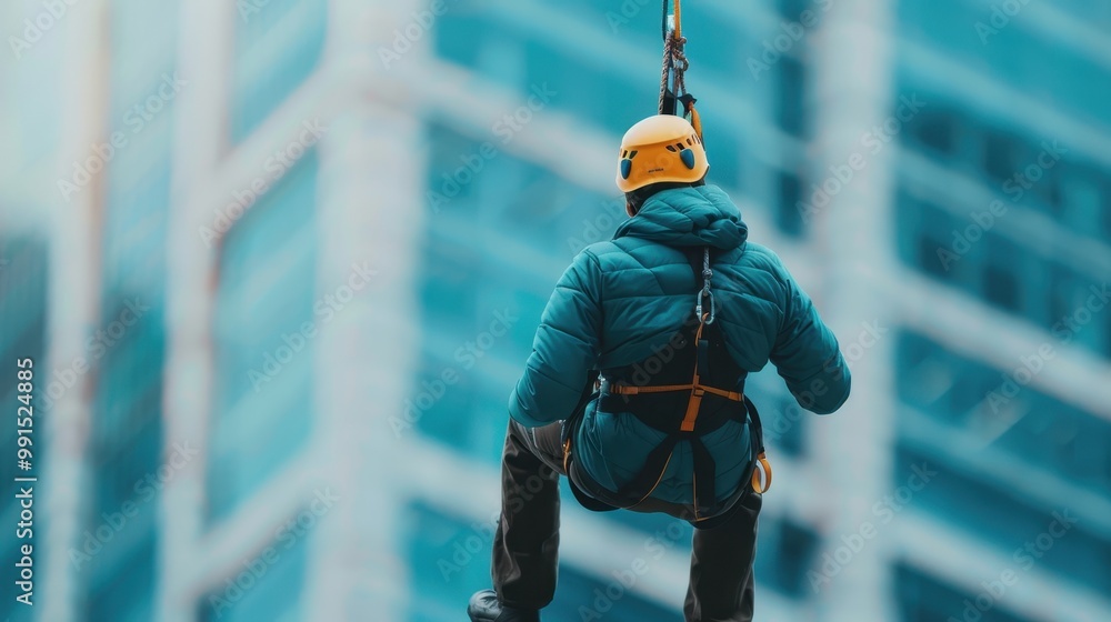 A worker wearing a safety harness and helmet is suspended in front of a ...