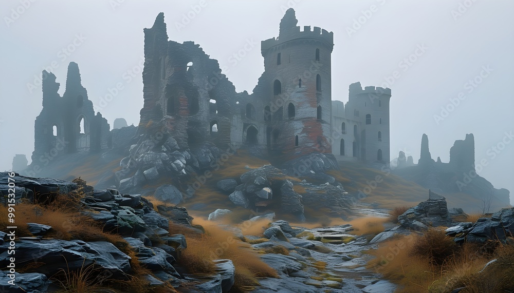 Mysterious fog-shrouded castle ruins amidst a desolate rocky landscape ...
