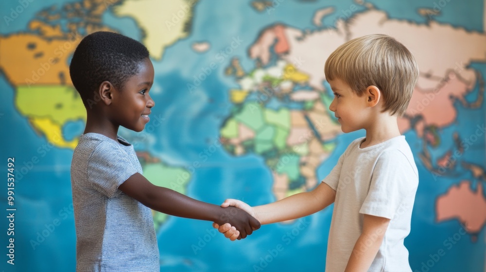 Two young boys of different ethnicities shaking hands in front of a world map. Concept of ...