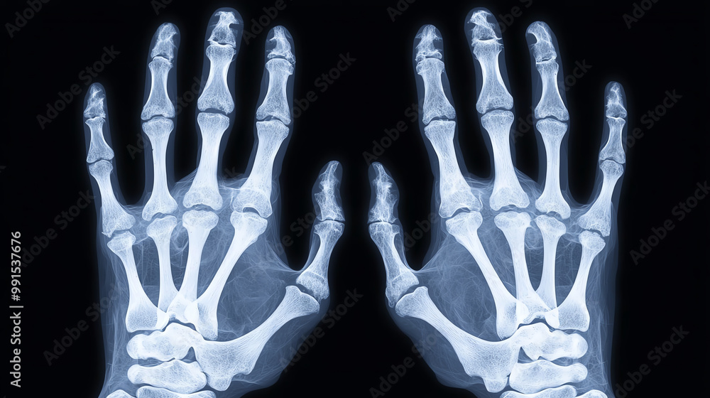 Abstract digital Xray imaging of human hands, displaying bones and soft ...
