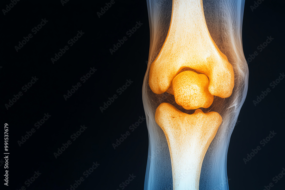 Closeup Xray imaging of a human knee joint, with detailed bone and ...