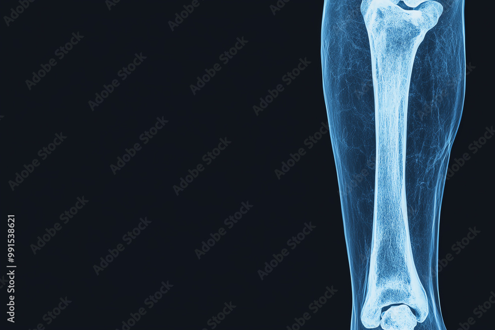Abstract Xray imaging of a human leg with a metal implant, showcasing ...