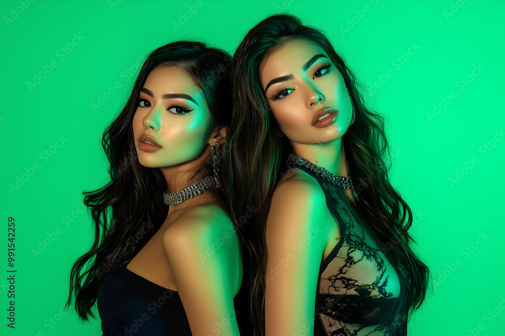 A dazzling image of two beautiful Latina women posing under glamorous neon lighting, creating ...