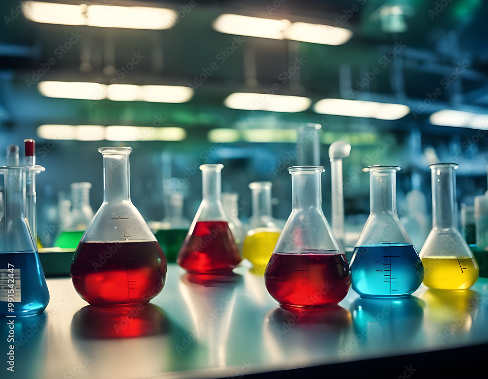Flasks with multi-colored reagents on the table against the background ...