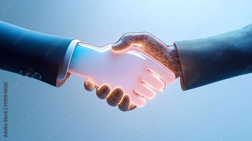 A futuristic handshake symbolizing collaboration between humans and ...