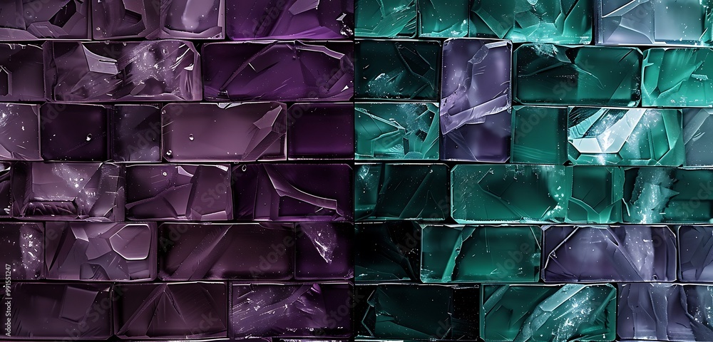 Minimalist crystal brick wall design, one side in emerald green and the ...