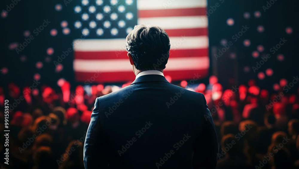 A back view of an American politician walking up to the stage to give a ...
