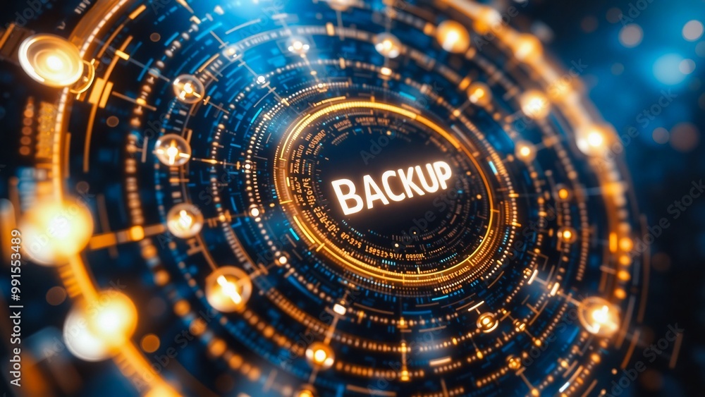 Glowing Data Backup Network Interface, Digital interface with a circular design featuring ...