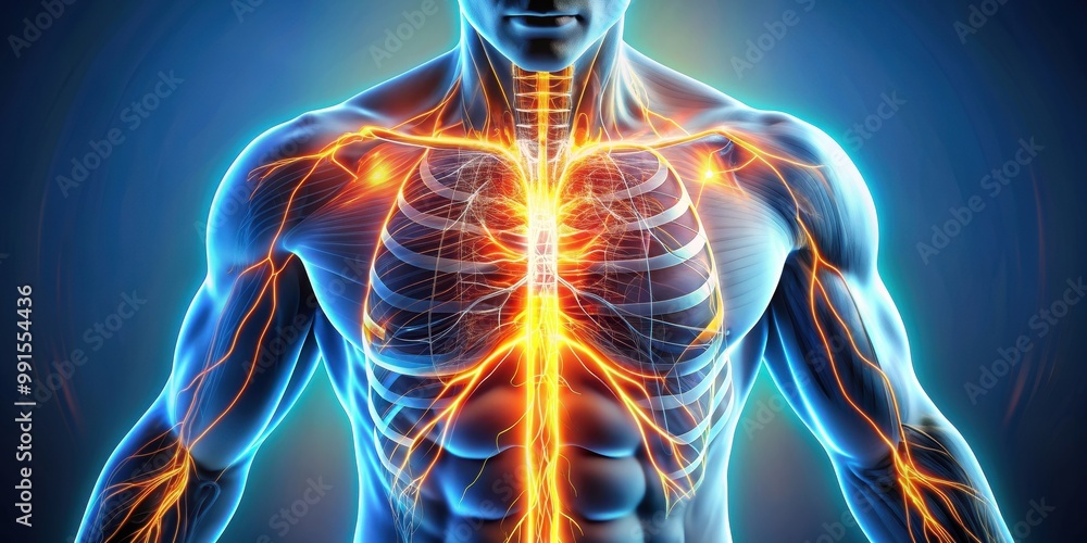 Anatomy of human chest, arms, and abdominals highlighted with ...