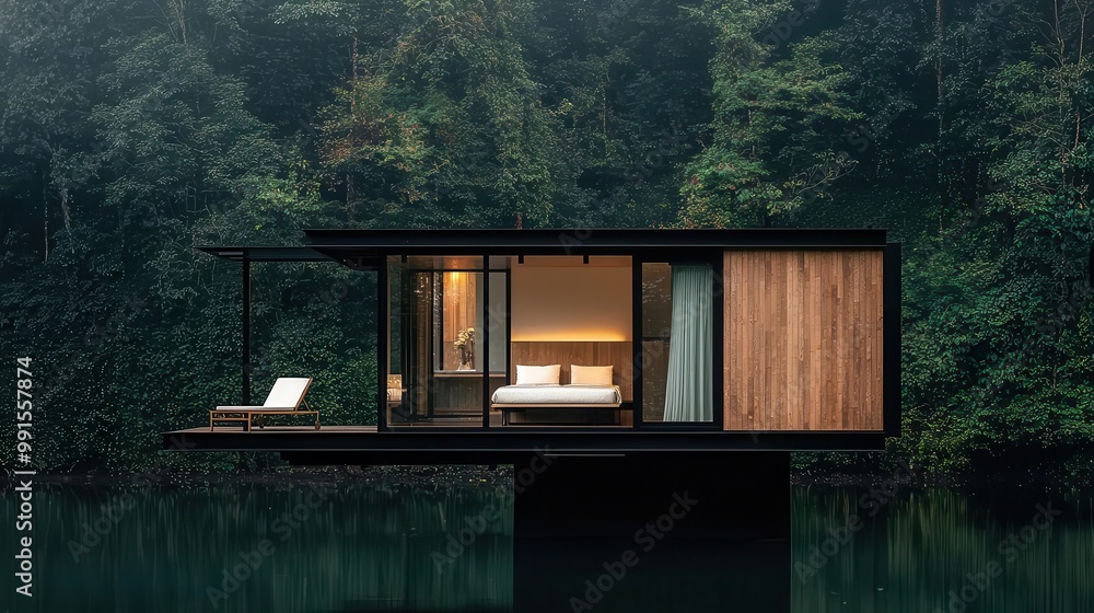 Elevated container house on stilts above a serene lake, House Container ...