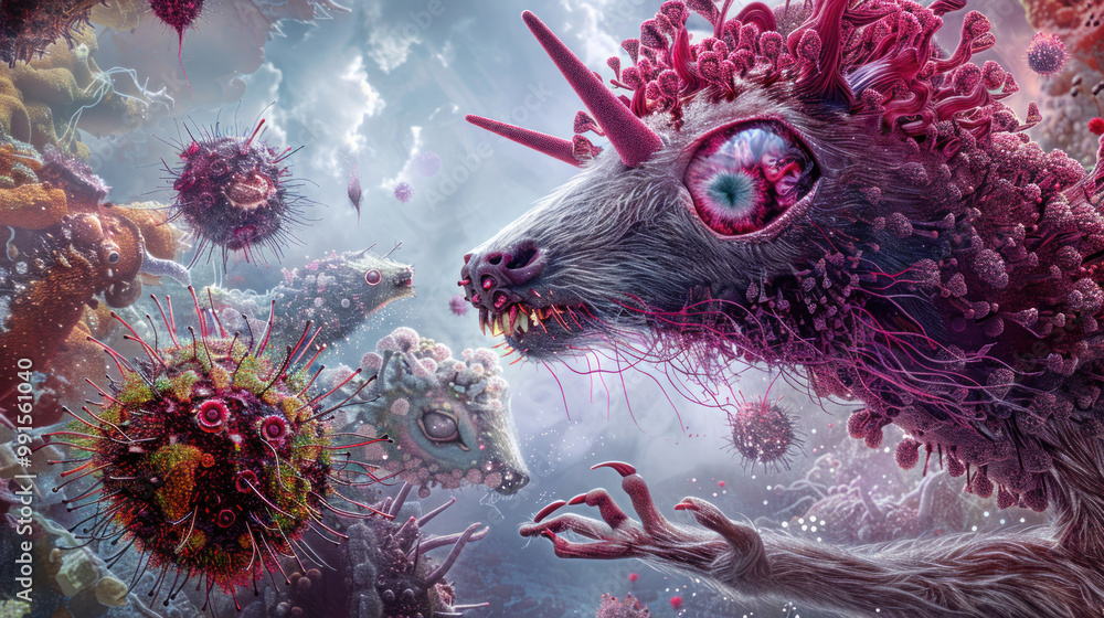 A creative depiction of Mpox in animals where the virus causes them to ...