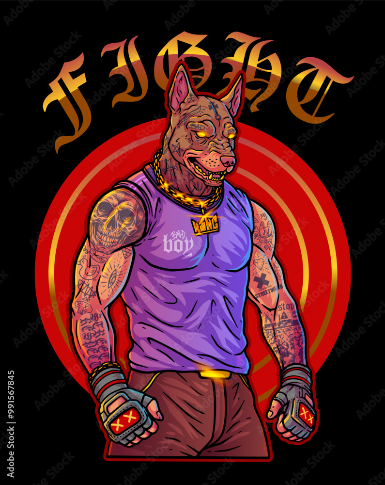 Vector print for t-shirt. Pumped up pit bull with a scurvy body covered ...
