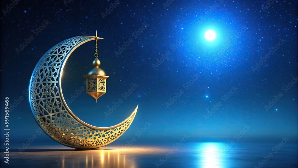 Islamic background at night with a crescent moon shining in a clear ...