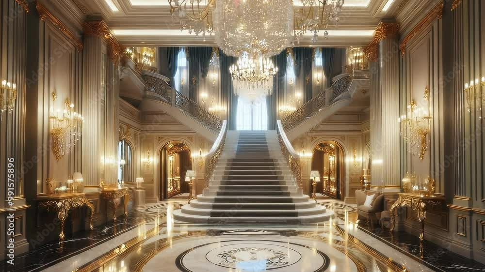 Luxurious mansion with a grand entrance and a sleek marble staircase ...