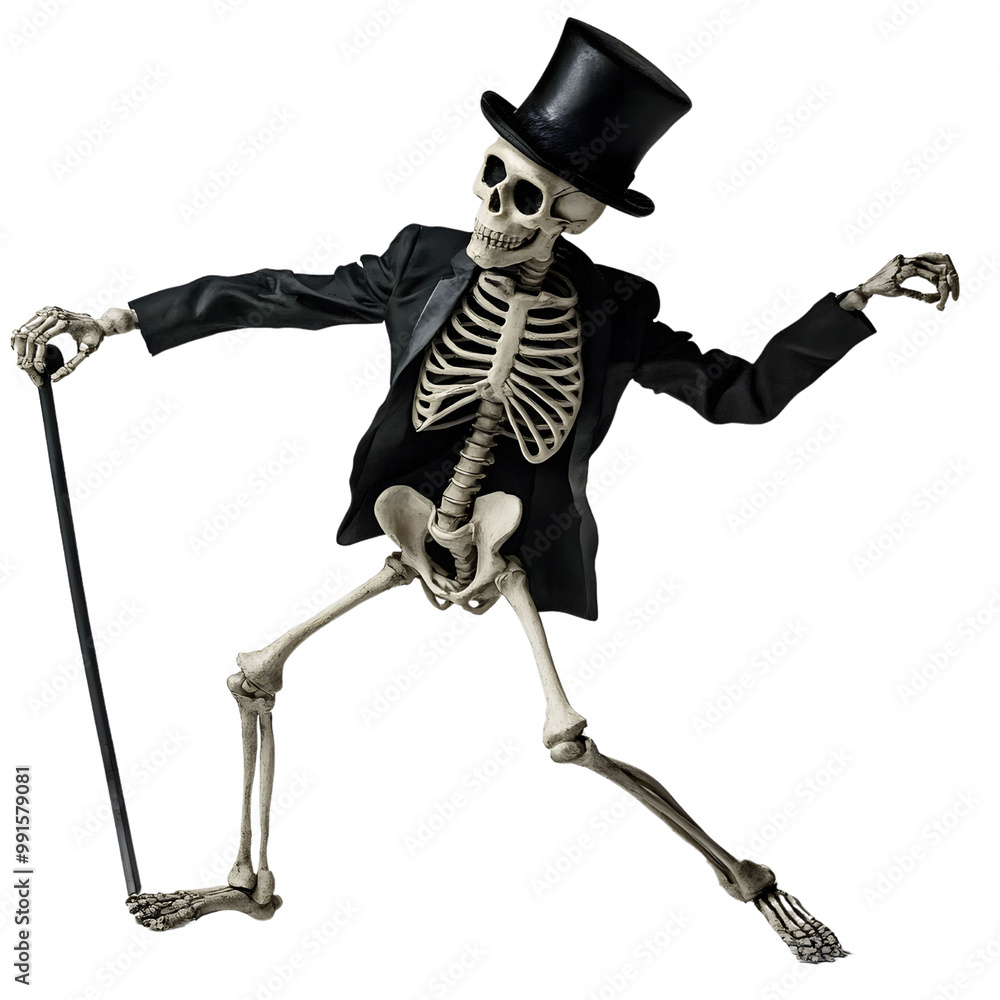 A skeleton dressed in a suit and top hat is holding a cane. The ...