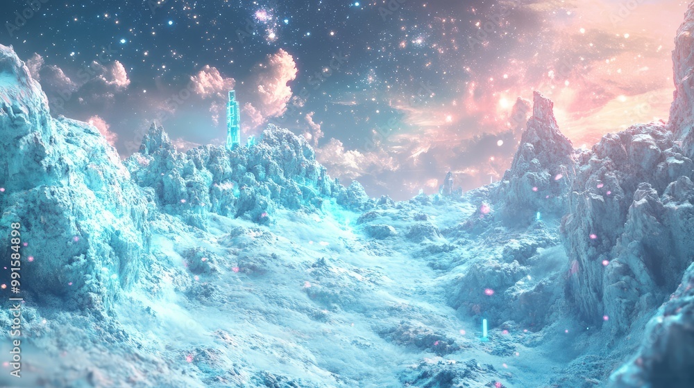Surreal 3D environment with pastel blue and teal fluffy terrain, star ...