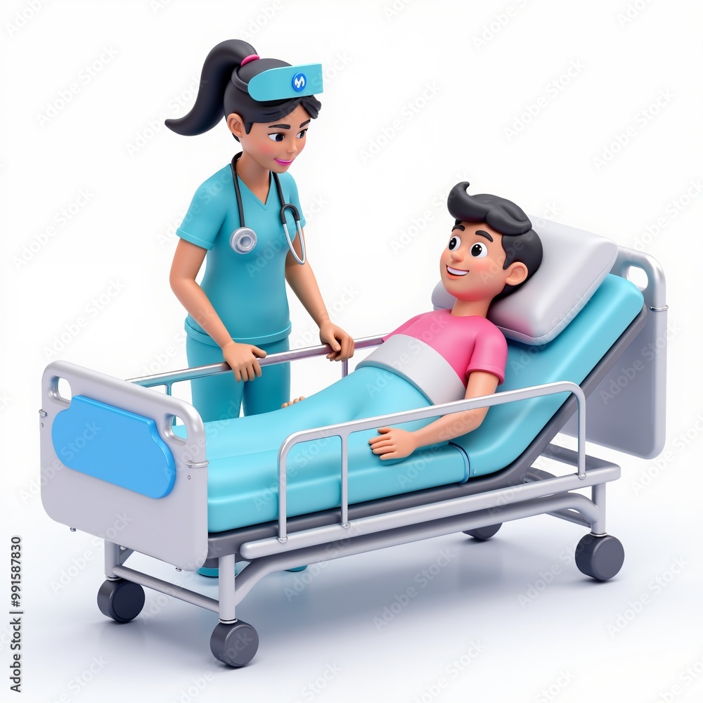 3D cartoon nurse smiling and caring for a happy patient in a hospital ...
