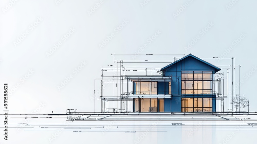 Construction blueprint of a minimalist house with clean lines and ...