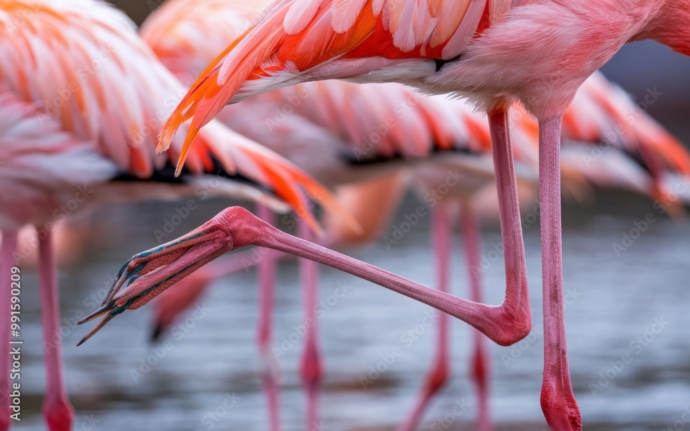 Pink flamingo legs. Close-up view of a flamingo's long, slender legs ...