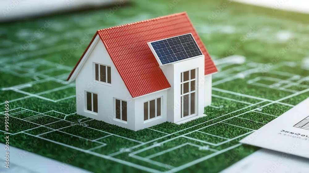Blueprint of an eco-friendly house with solar panel layout and green ...