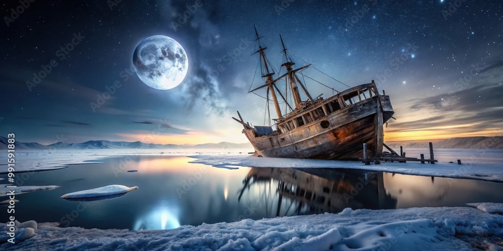 Eerie wooden shipwreck frozen in ice on dark winter sea night with ...