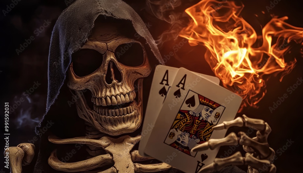 A hooded reaper-like skeleton grasps a flaming ace of spades ...