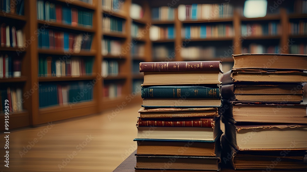Book in library with old open textbook, stack piles of literature text ...