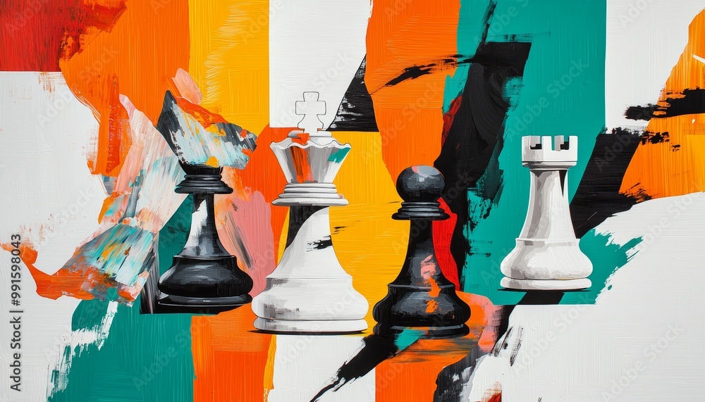 Artistic chess pieces in a world of fragmented shapes and layered paint ...